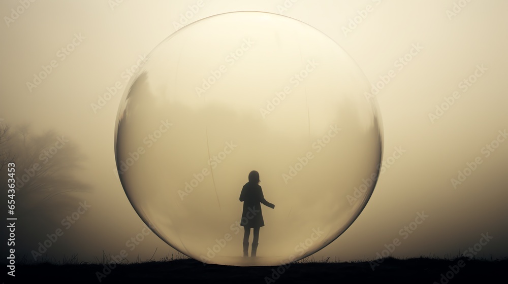 A solitary person stands enveloped in a thick fog, surrounded by a ...