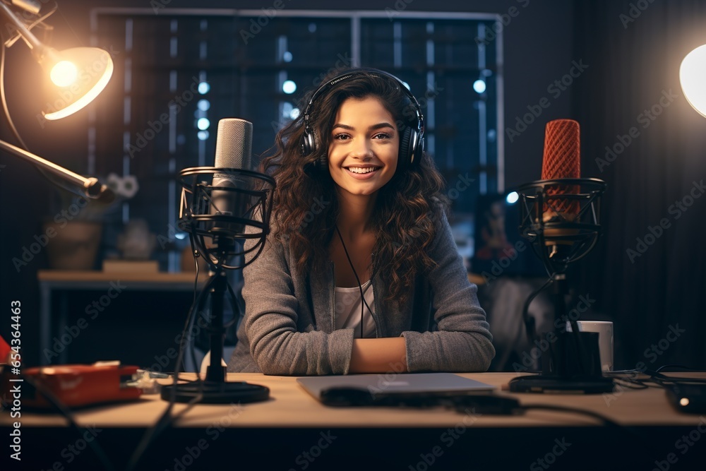 enthusiastic female influencer content creator, sits in a well-lit ...