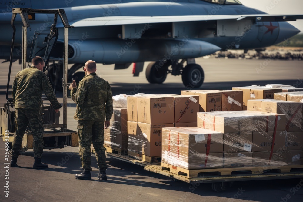Packing military cargo at a military air base for shipment. The process ...