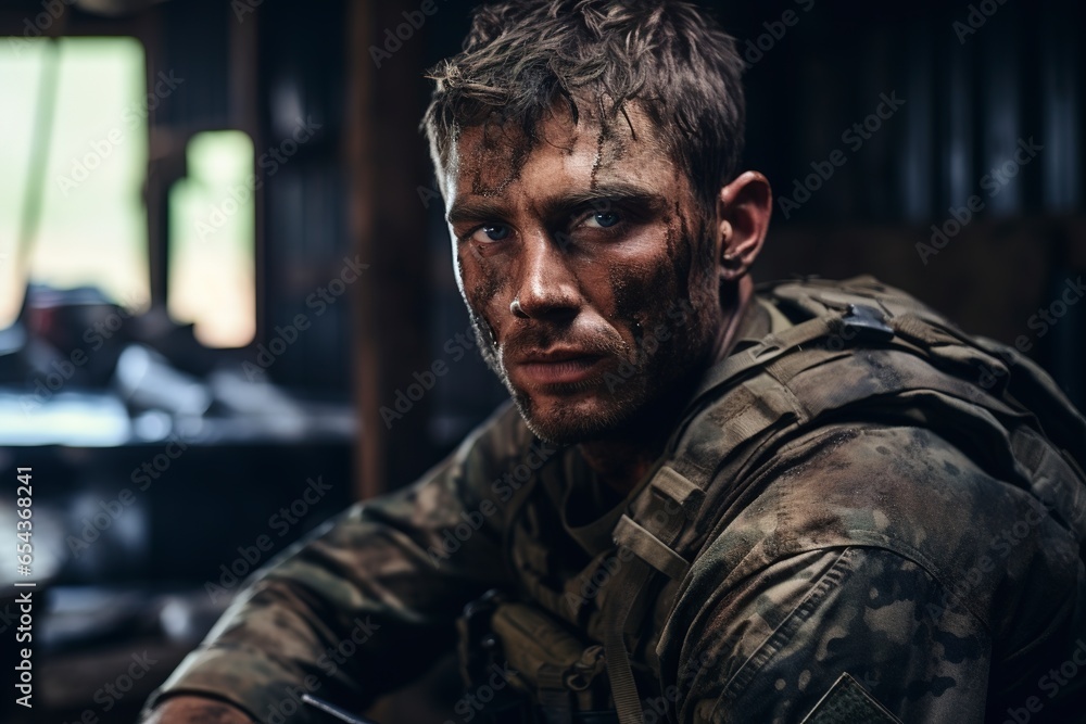 Portrait of a resilient American male soldier with camouflage paint ...
