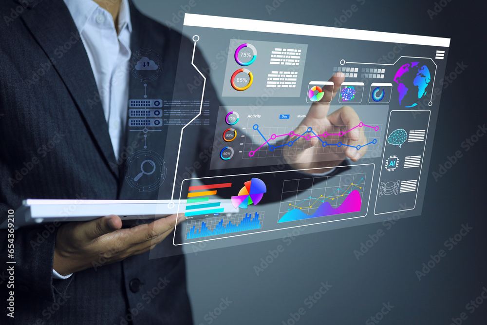 Business data visualization dashboard analytics on laptop keyboard ...