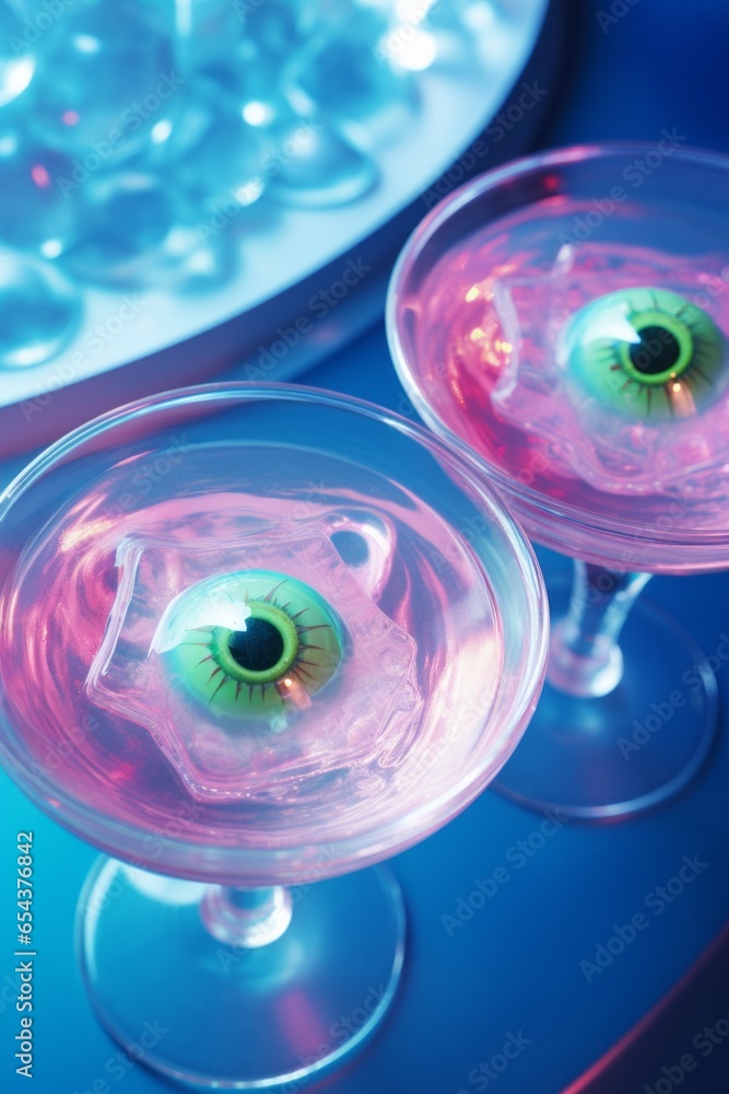 On halloween night, two spooky glasses of eerie pink liquid filled with ...