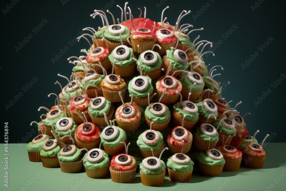 On halloween, a decorated pyramid of cupcakes with eyeballs stares out ...