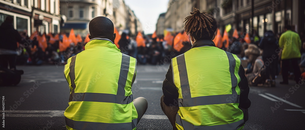 Climate change protest activists wearing yellow jacket sit on a road ...
