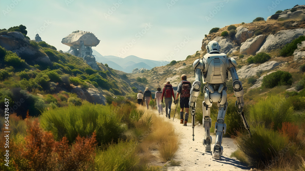 Hiking with robot guide, robot travel guide, people walking with robot ...