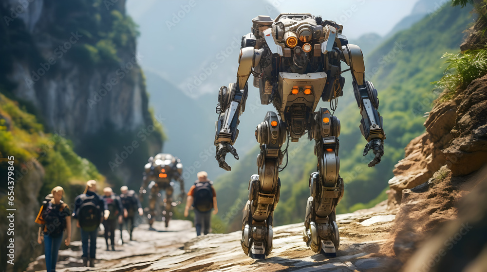 Hiking with robot guide, robot travel guide, people walking with robot ...