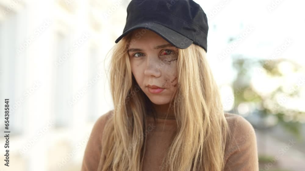 Portrait of hurt woman with scar on face victim of domestic violence ...