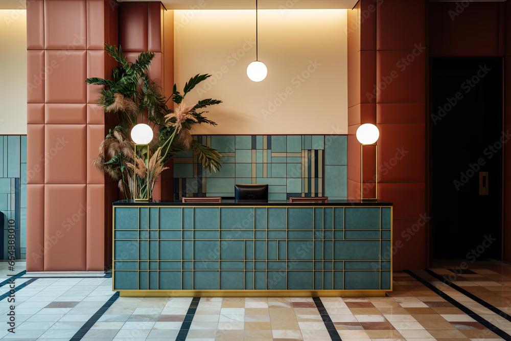 Multicolored neo-art deco hotel lobby interior with green stone and ...