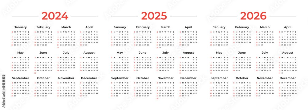 Calendar 2024, 2025, 2026. The week starts on Sunday. Simple calendar ...