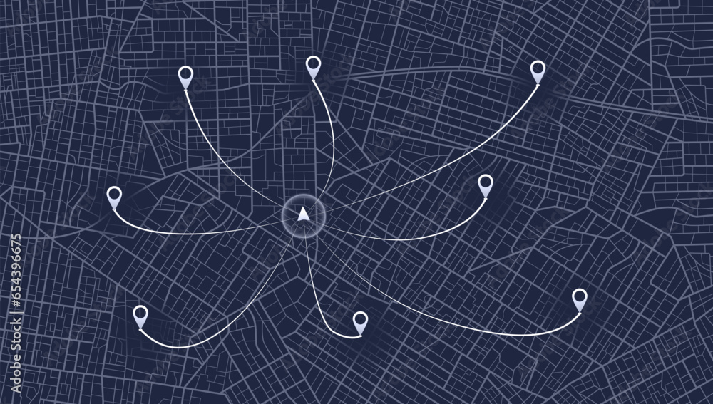 Multiple destinations. Map city with gps pins. Alternative way with ...