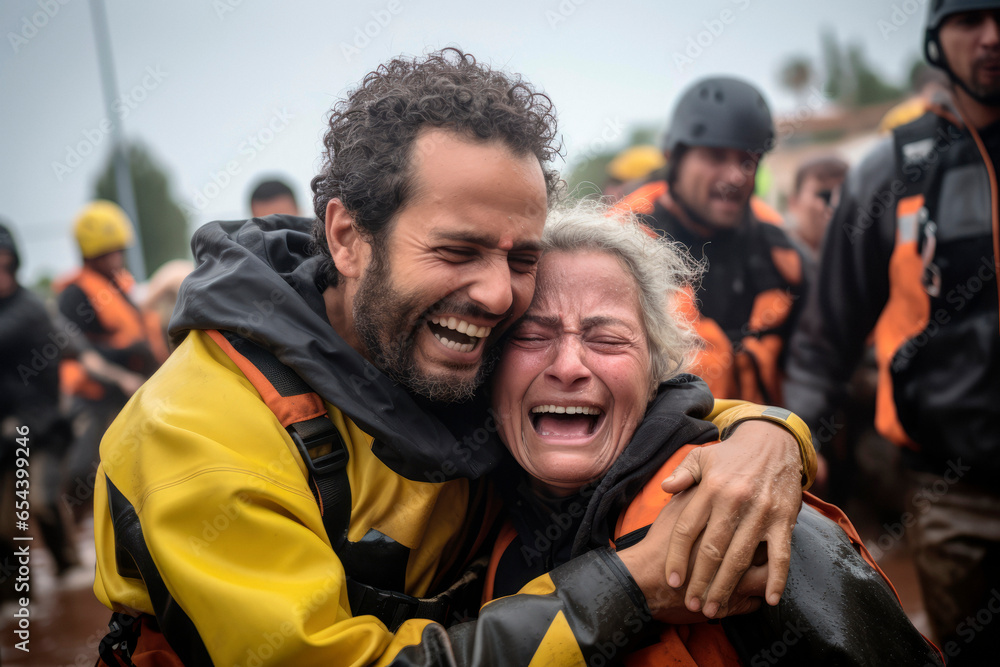 An Image Capturing the Dramatic Emotion of Relief as a Tearful Survivor ...