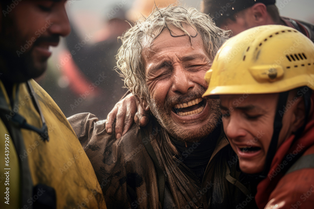 An Image Capturing the Dramatic Emotion of Relief as a Tearful Survivor ...