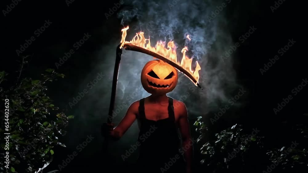 maniac with a pumpkin instead of a head and a burning scythe, scary ...