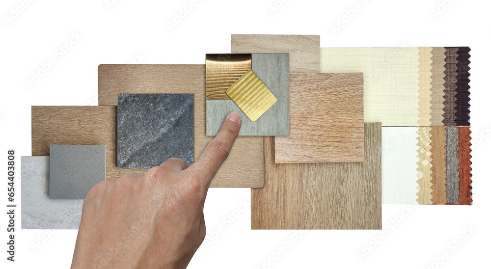 designer selects interior material samples contains stainless, stone ...