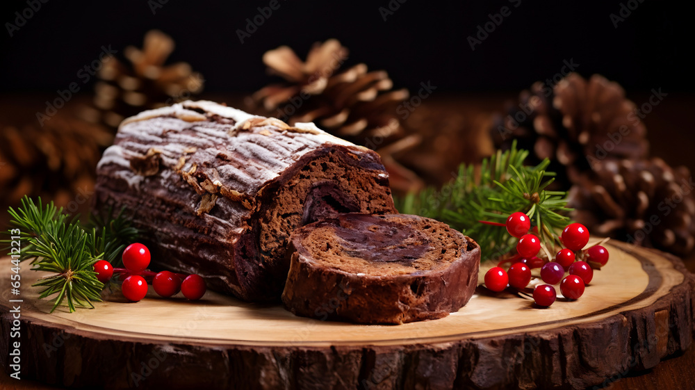 christmas log, traditional christmas cake, buche de noel, chocolate and ...