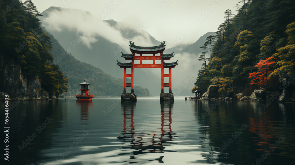 Tori gate is floating in water in a lake in japan - japanese temple ...
