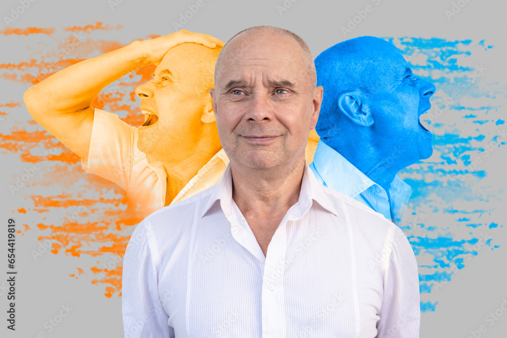 senior 60-65 years old smiles, Aggressive, desperate individuals behind ...