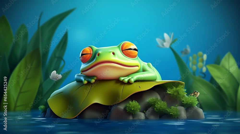 little cartoon comic style frog is sleeping on the leaf created with ...