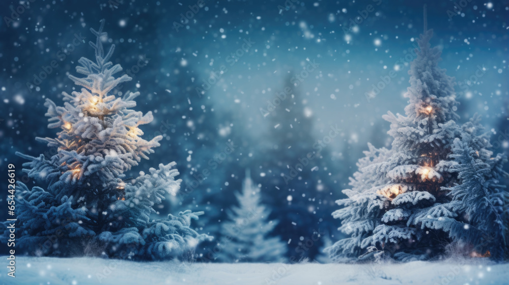 Beautiful christmas trees on abstract winter background, Snow covered ...