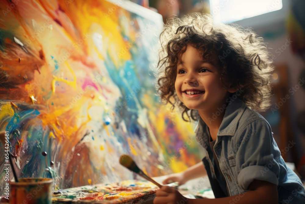 A young child with autism engaging in art therapy to express emotions ...