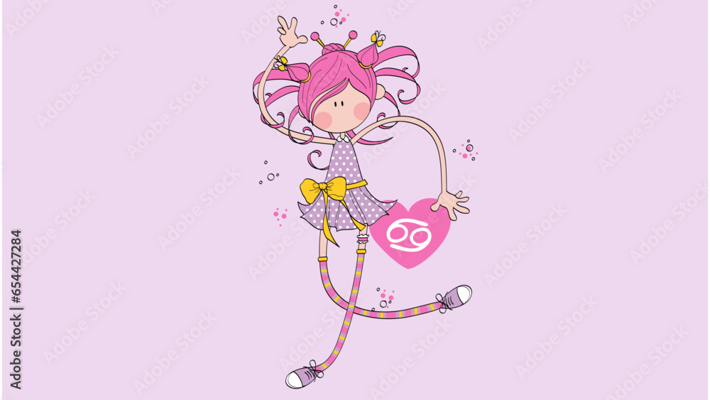 Hand drawn illustration with cute Cancer girl; series of zodiac signs ...