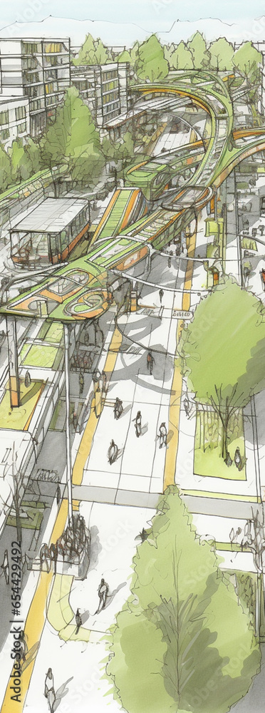 Urban planning sketch highlighting sustainable elements like green ...