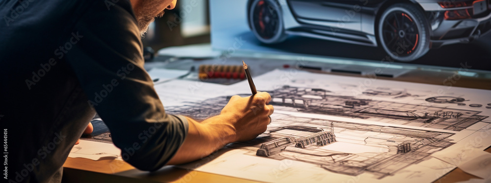Car designer engineer or architect drawing on drawing board a design of ...