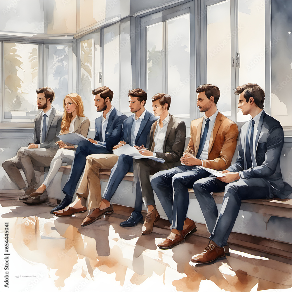 Confident, smart young people sit in the office lobby and wait for ...