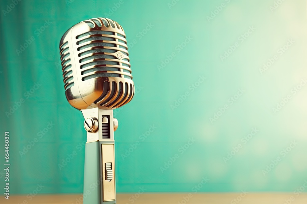 Vintage style filtered photo of a retro golden microphone on a mint ...