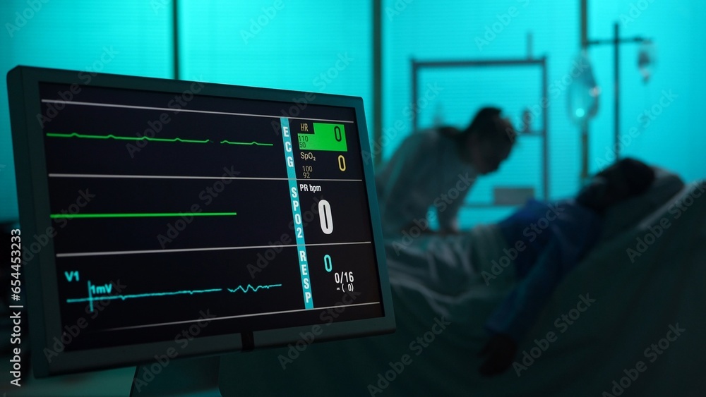 Close-up shot capturing intencive care unit displaying loss of heart ...