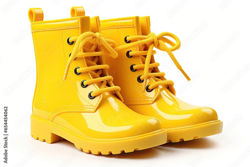 White background with isolated yellow children s boots Stock Photo ...
