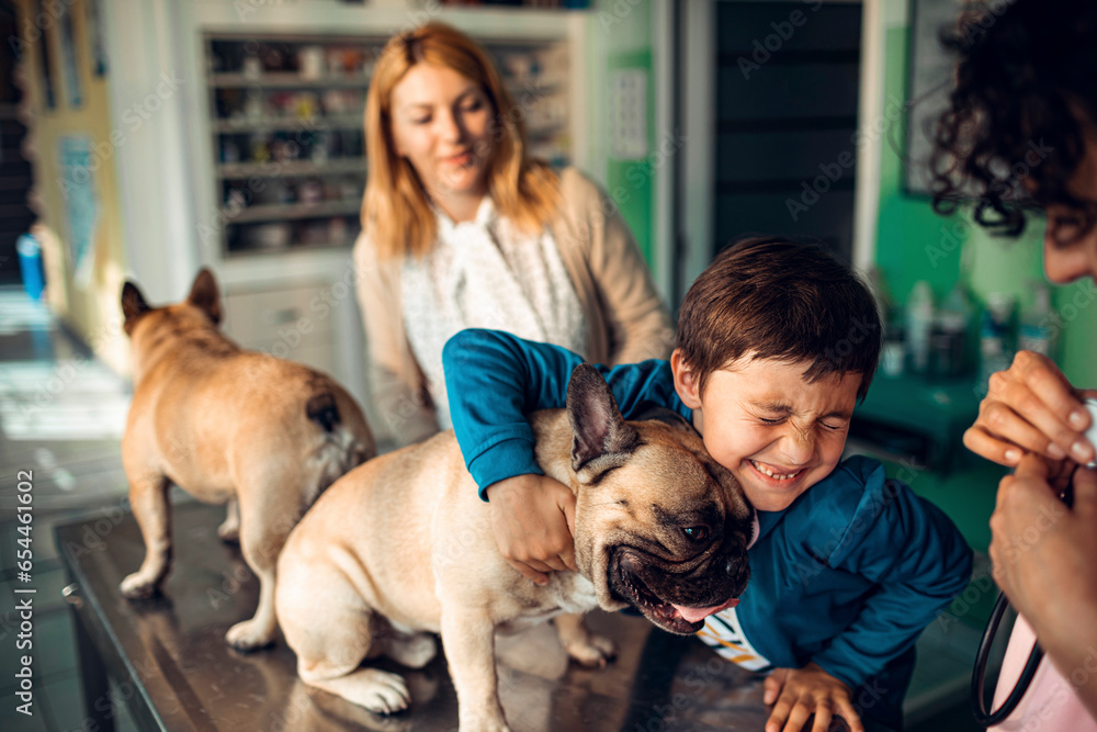 Young boy is happy after his dog has no health issues at the veterinary ...