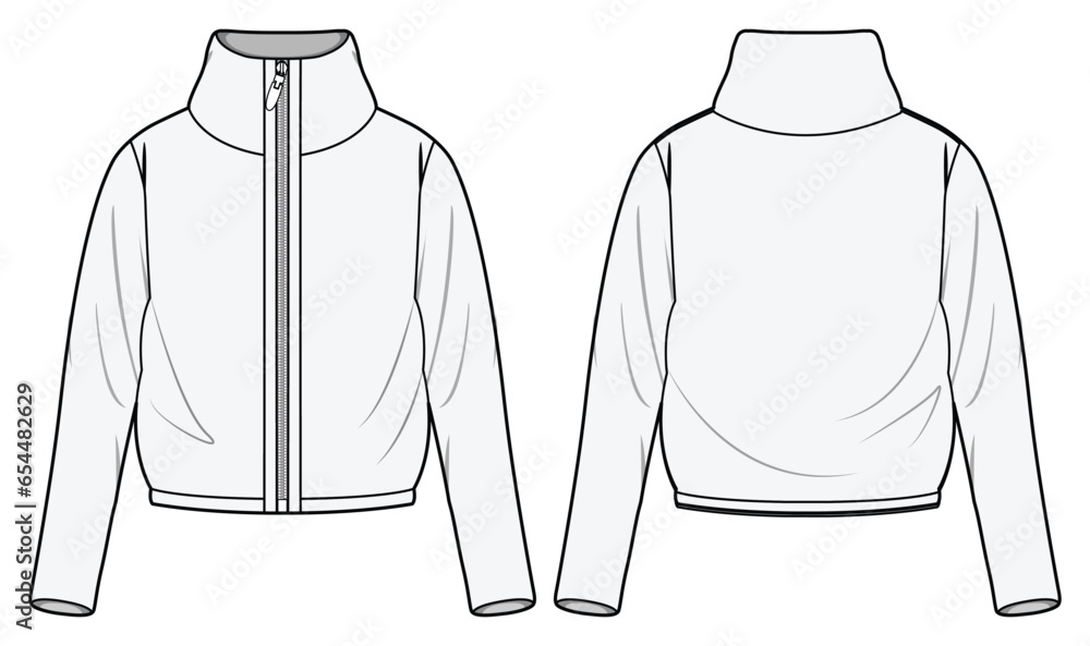High Neck Crop Winter Jacket Front and Back View. Fashion Flat Sketch ...