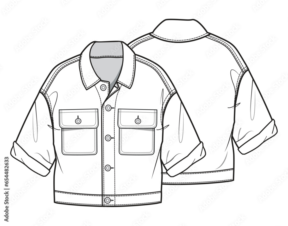 Short Sleeve Drop Shoulder Denim Crop Jacket Front and Back View ...