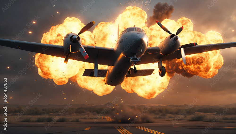 war plane shot and exploded in the sky in the world war II. jet ...