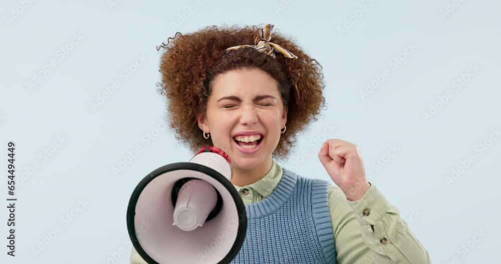 Woman, megaphone and screaming in protest, voice or communication ...