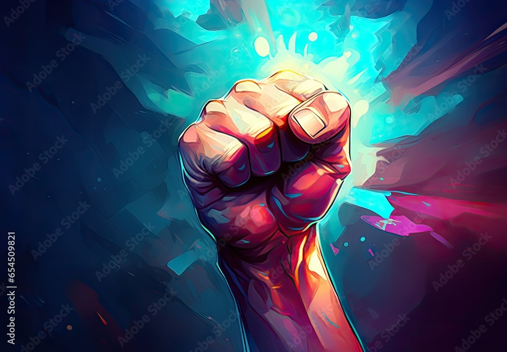 A clenched fist is raised upward. A symbol of protest, rebellion and ...