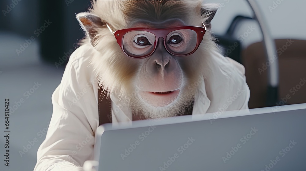 Anthropomorphic monkey with glasses working concentrating at a laptop in an office. Human ...
