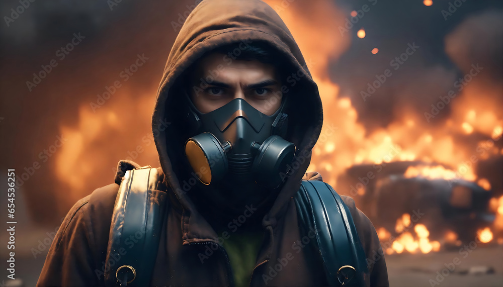 portrait of young riot adult man wearing a gas mask for protection.Male ...