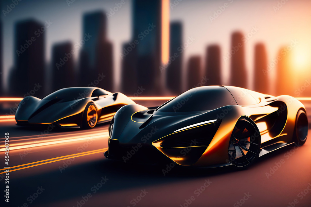 two Futuristic Self-Driving Van Moving on a Public Highway in a Modern City with Glass ...