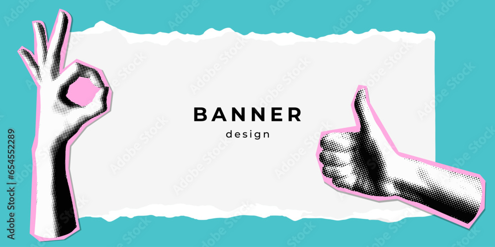 Banner design with halftone hands gestures. Ok symbol. Like sign ...