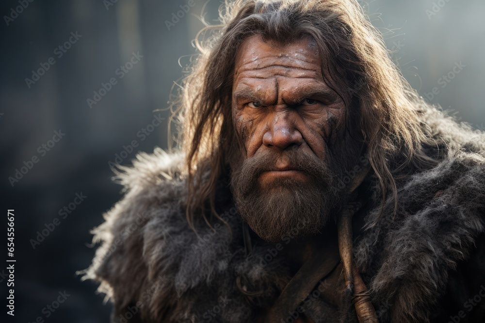 Neanderthal. A shaggy, menacing man with long disheveled hair, a beard ...