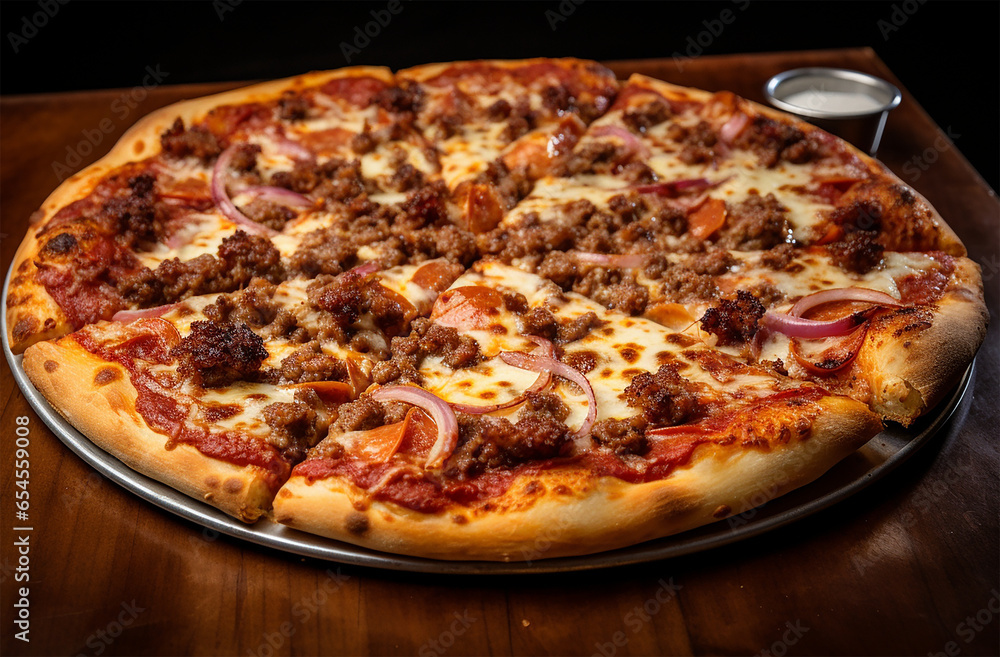 Meat lovers pizza made of tomato sauce, mozzarella cheese, a ...