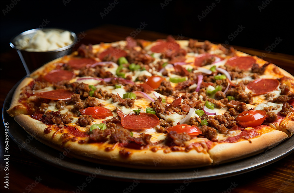 Meat lovers pizza made of tomato sauce, mozzarella cheese, a ...