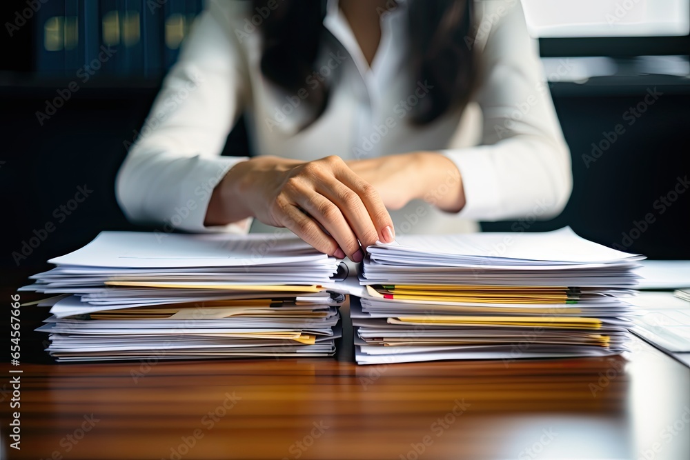 A woman's hands are busy sifting through stacks of paper files on her ...