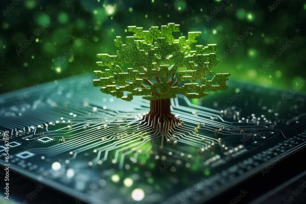 Tree growing on the converging point of computer circuit board. Green ...