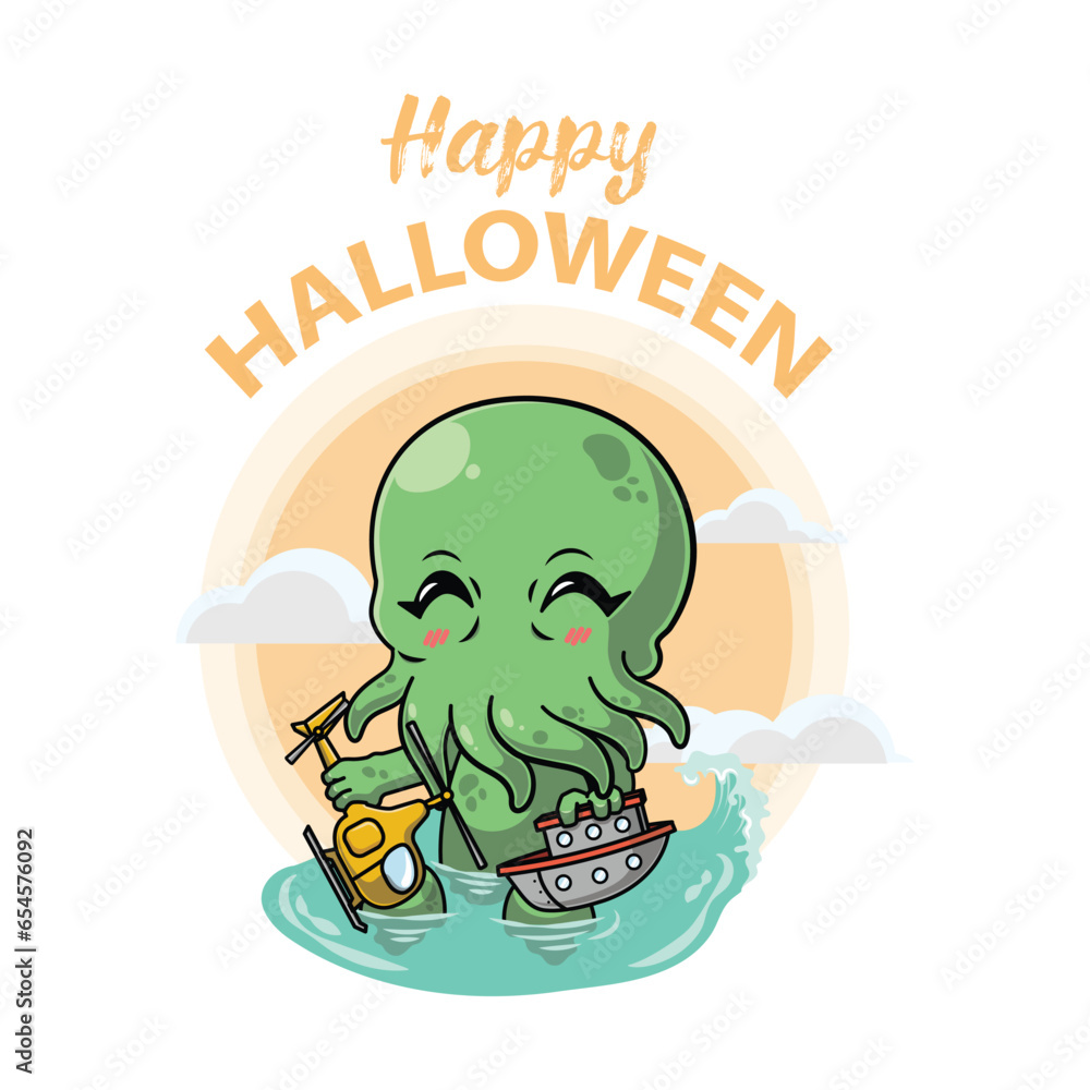 Halloween illustration of a cute giant Cthulhu bathing and having fun ...
