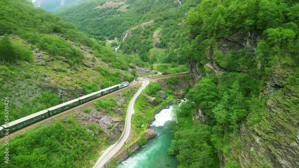 Drone Norway. Flamsbana train on Flam Railway in Flam, Norway ...