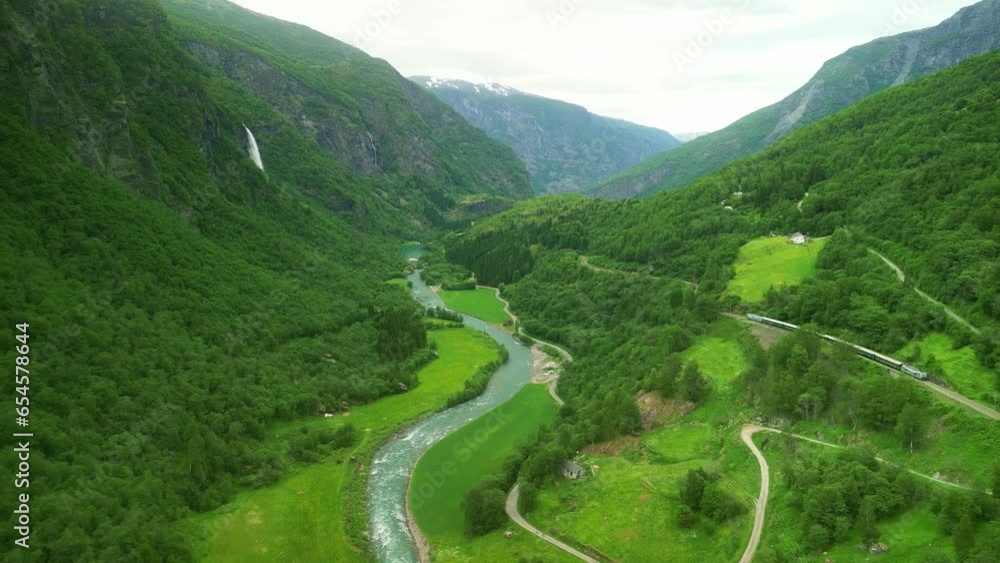 Drone Norway. Flamsbana train on Flam Railway in Flam, Norway ...