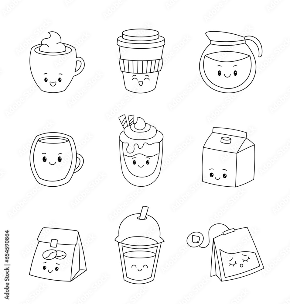 Cute kawaii character coffee tea. Coloring Page. Cartoon cup mug jug ...